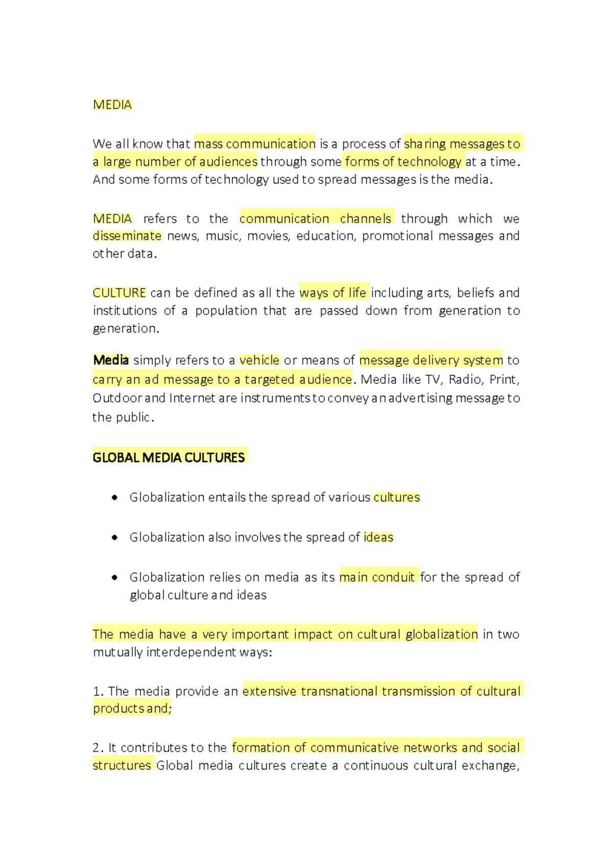 MEDIA 101: Understanding Media Functions and Global Cultures - Studocu