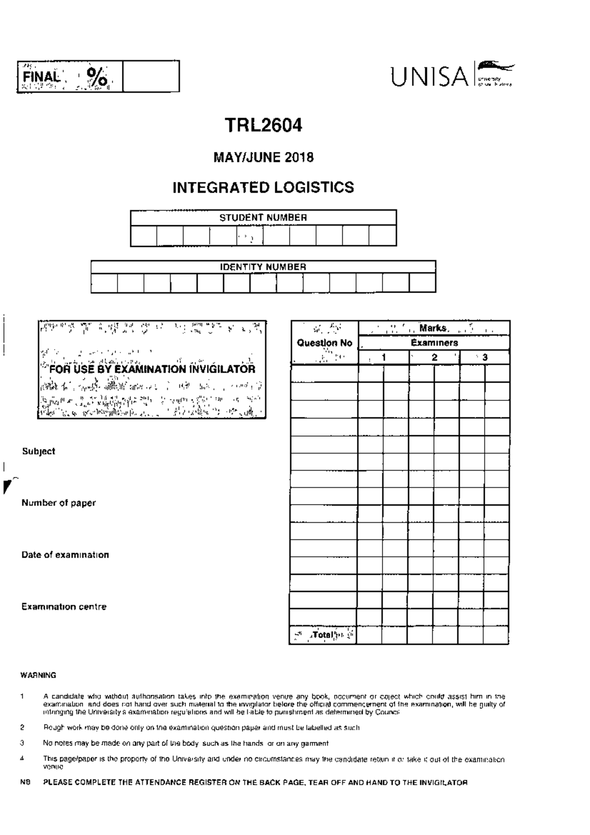 TRL2604 2018 6 E 1 - Transport logistics exam paper - FINAL UNISA ...