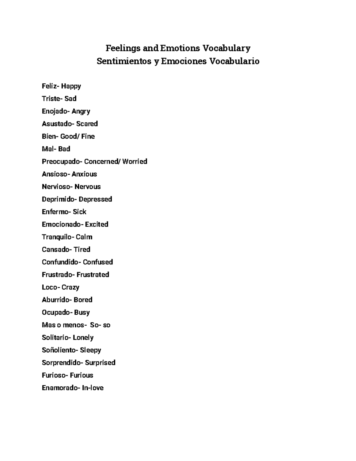 Feelings and Emotions Vocabulary - Spanish Language Study Guide ...