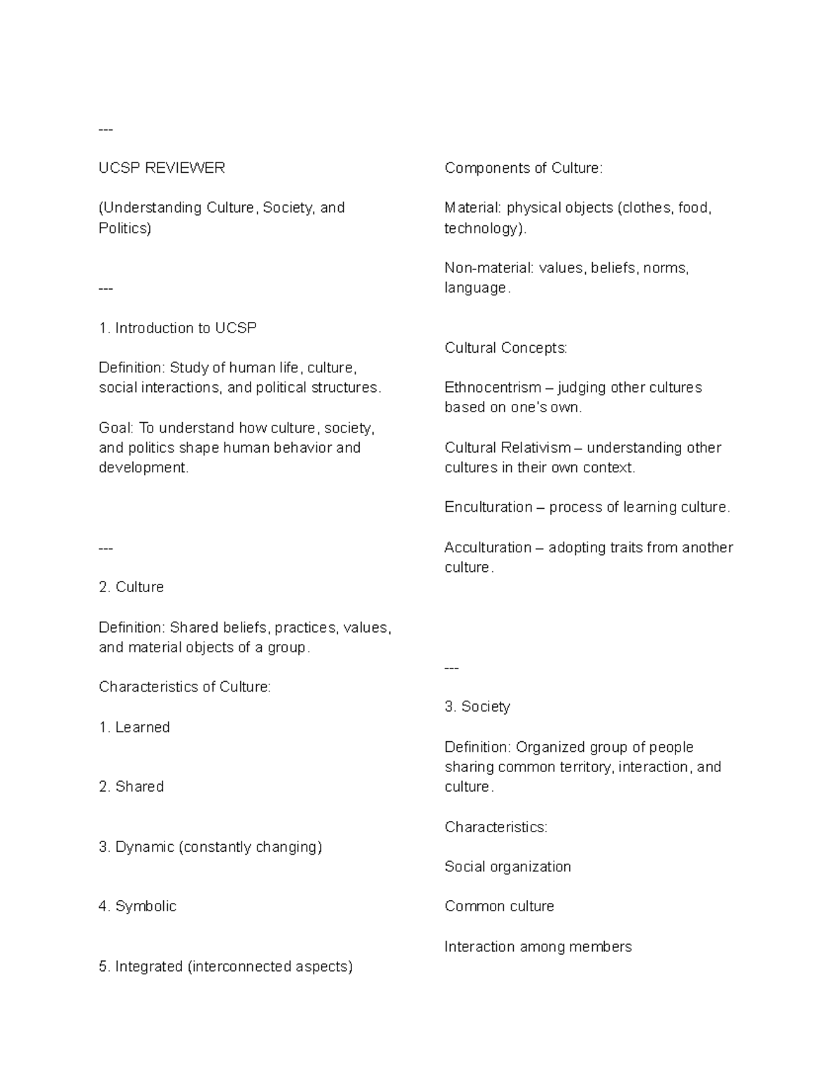 UCSP Reviewer: Components of Culture, Society, and Politics - Studocu