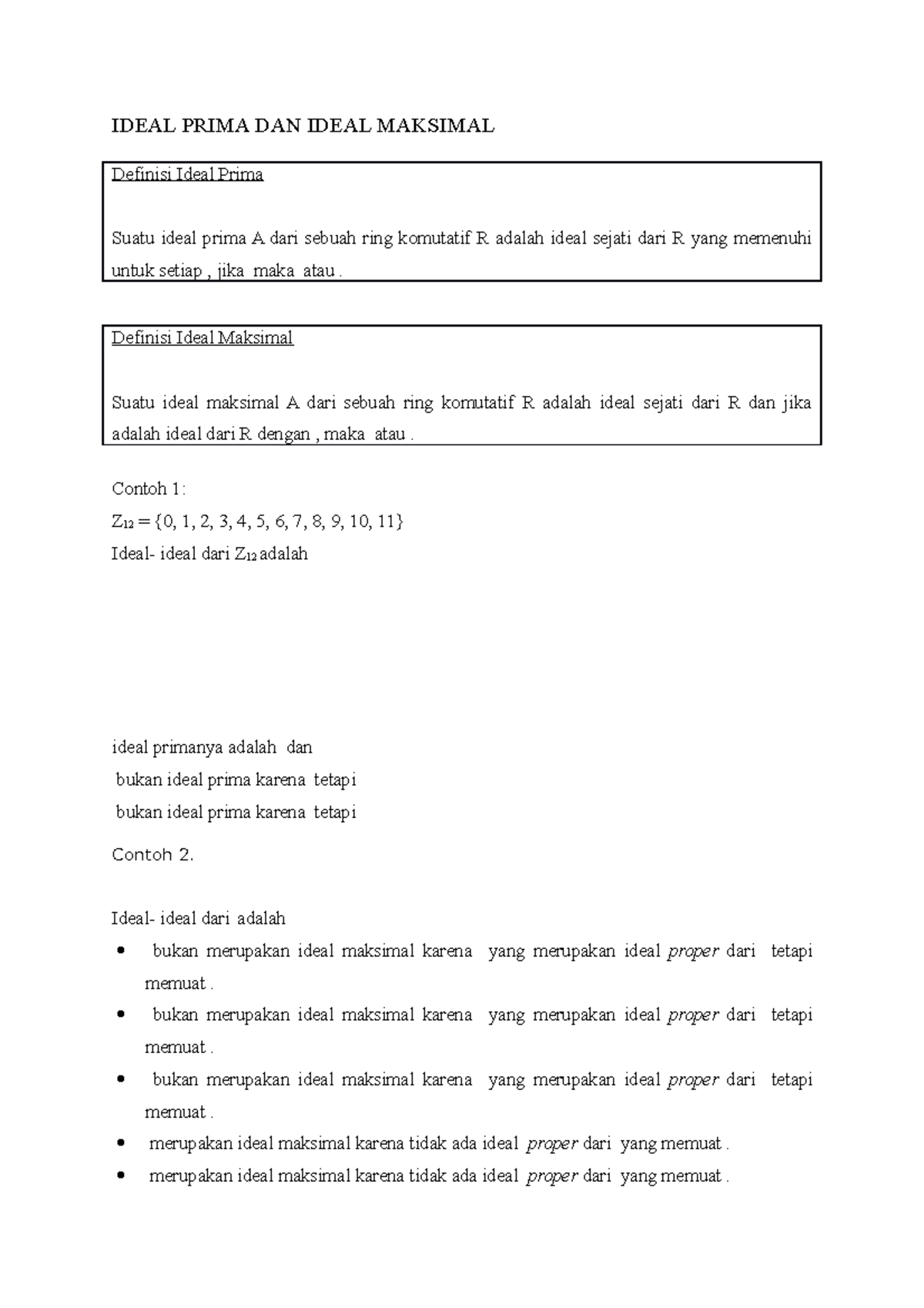 Ideal Prima dan Ideal Maksimal: Definisi dan Contoh (Matematika) - Studocu