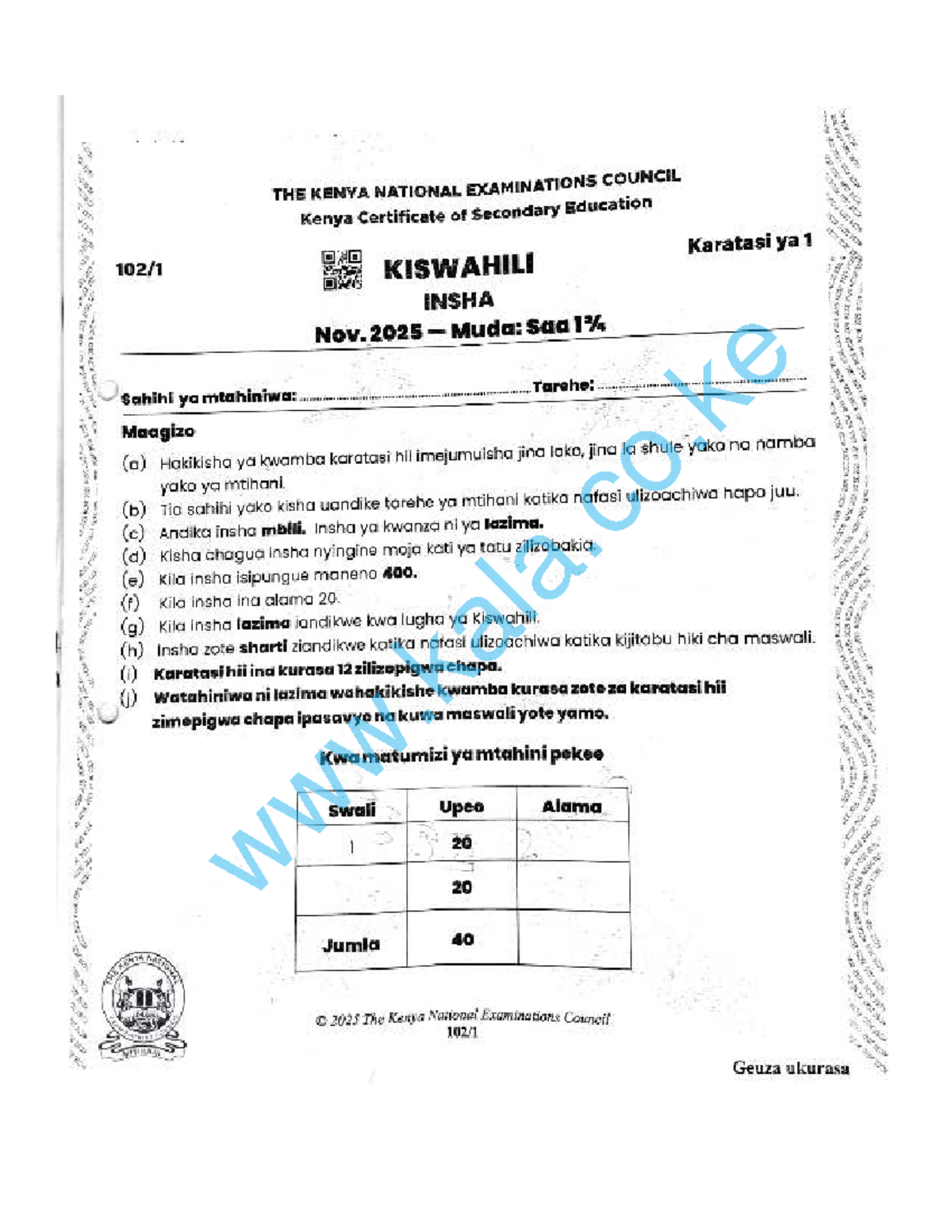 KCSE 2025 Kiswahili Paper 1 Exam Questions - Studocu