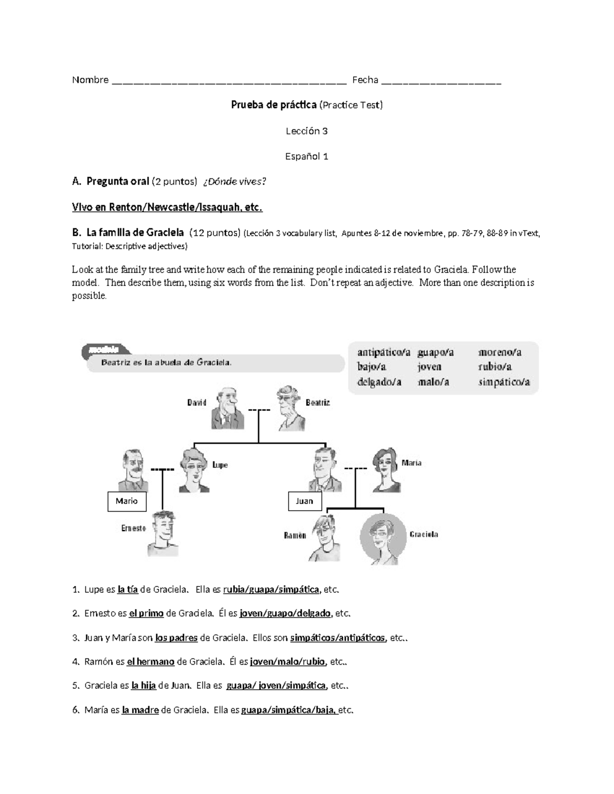 Prueba de Práctica Lección 3: Español 1 con Respuestas incluidas - Studocu