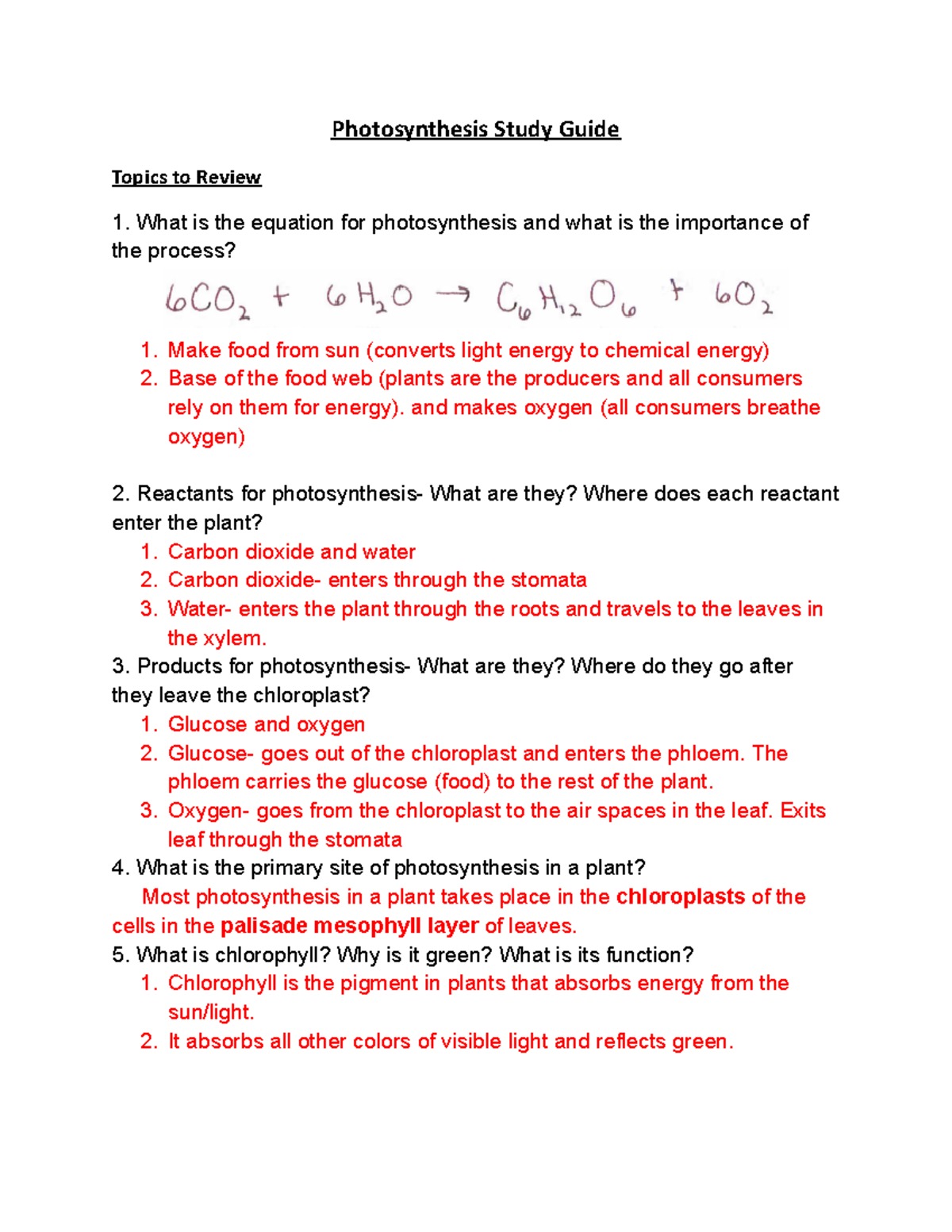 Photosynthesis Study Guide KEY - Photosynthesis Study Guide Topics to ...