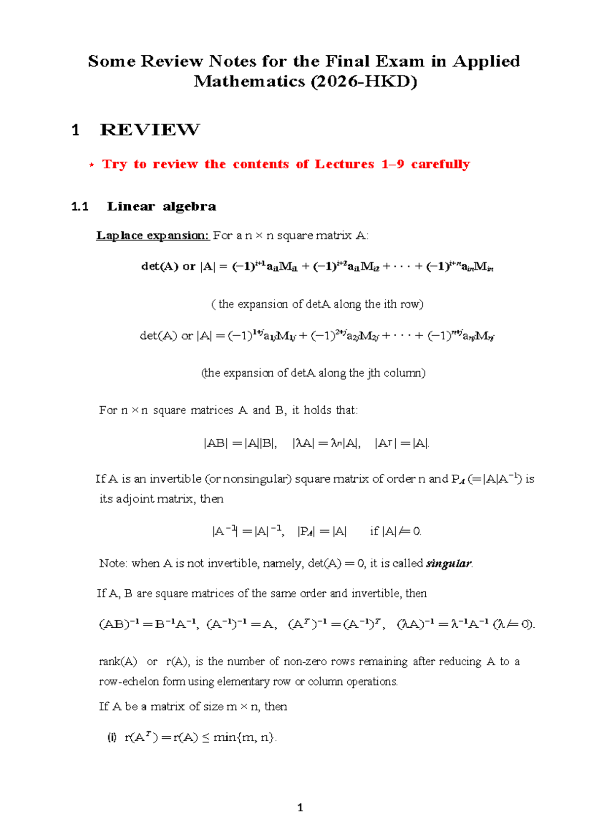 Applied Mathematics 1: Final Exam Review Notes and Problems - Studocu