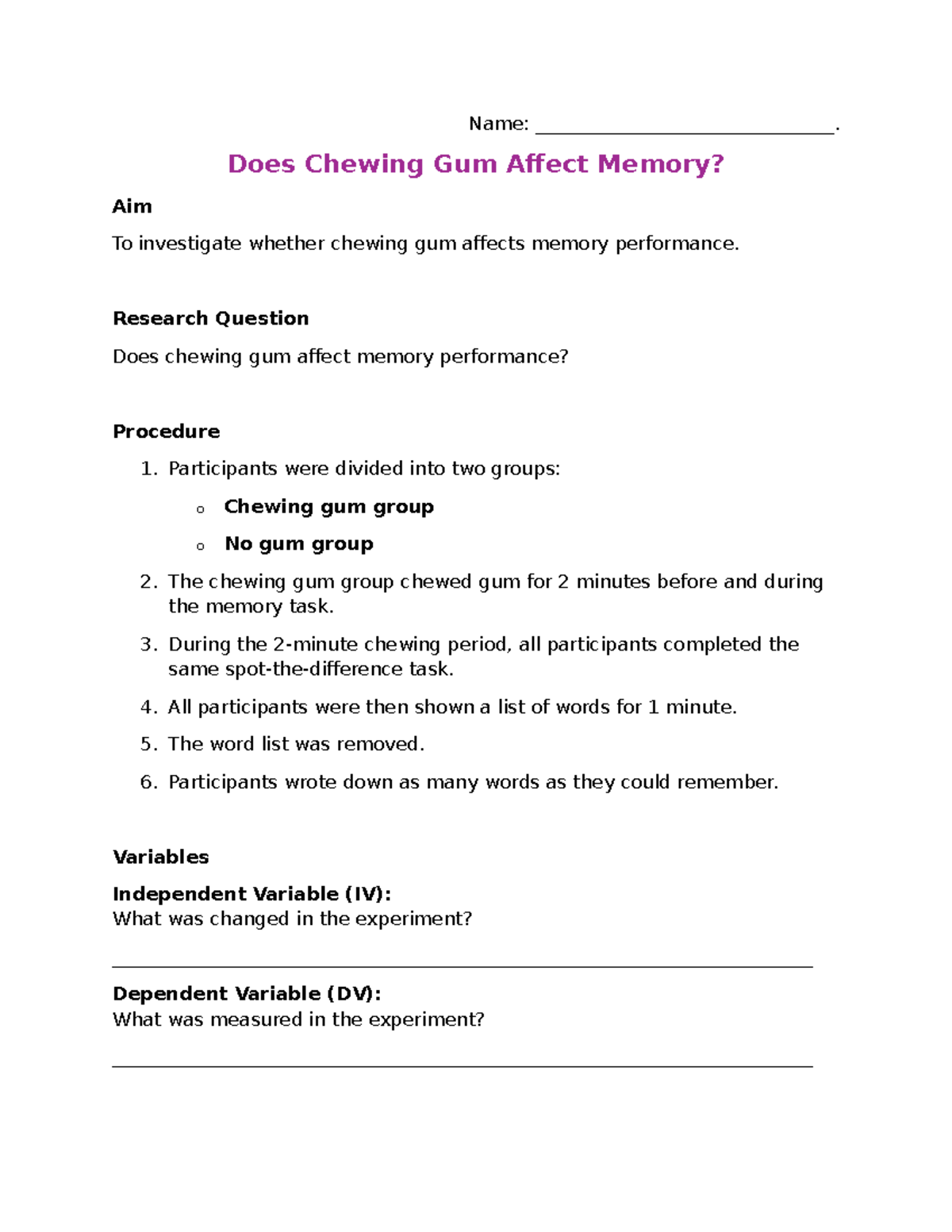 Chewing Gum and Memory Performance: Research Worksheet - Studocu