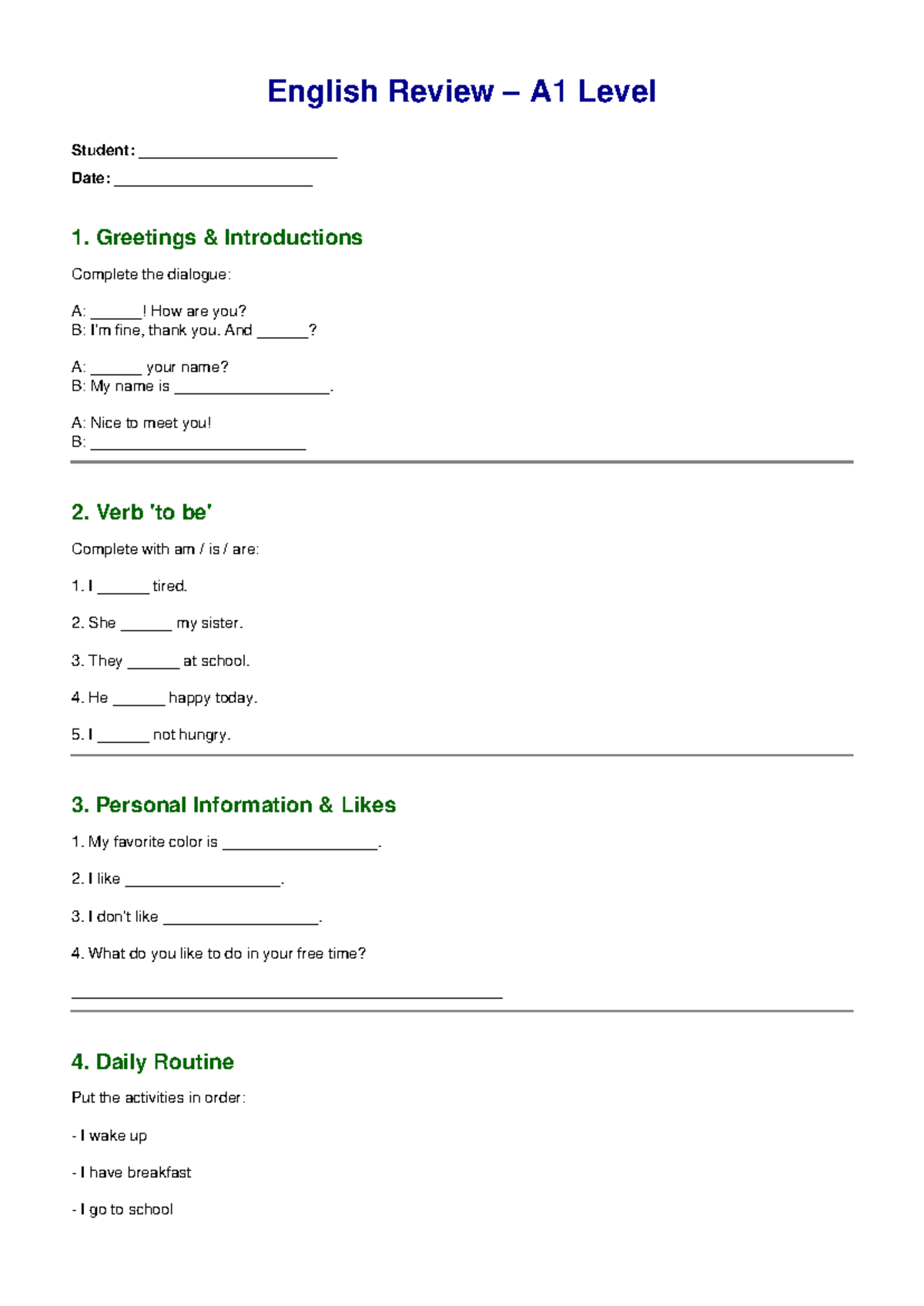 English A1 Level Review Worksheet: Greetings, Verbs & More - Studocu