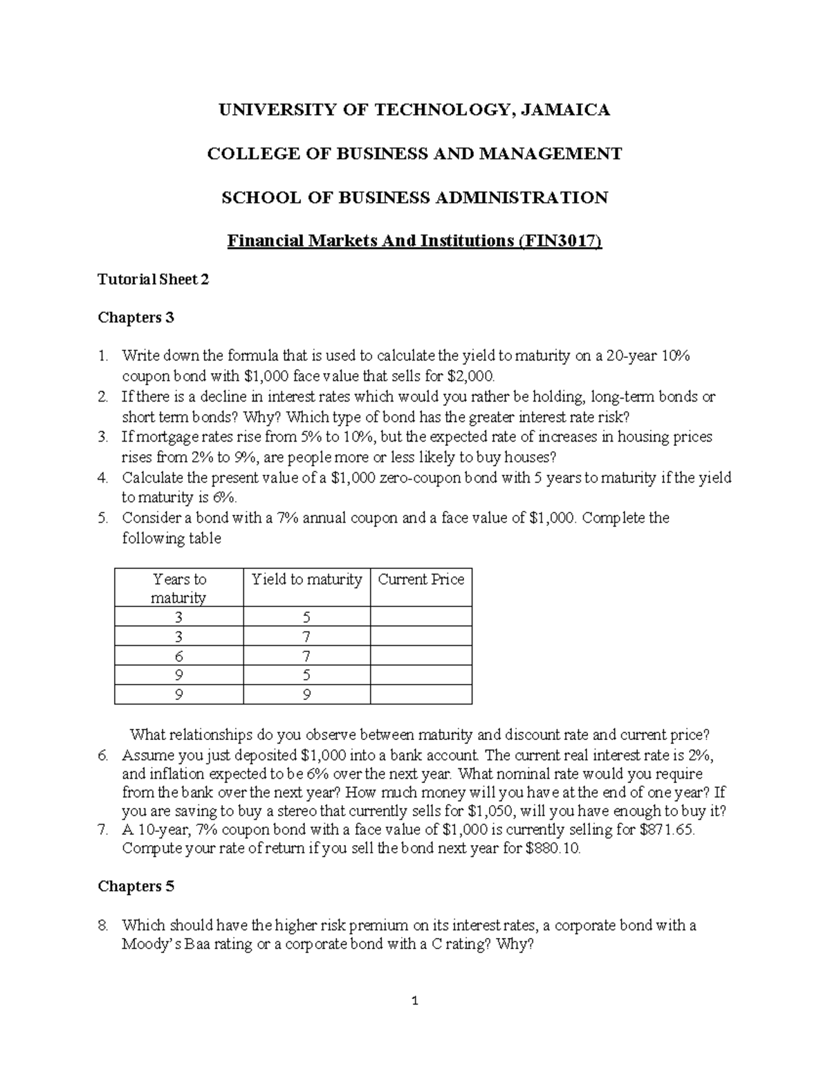 FIN3017 Financial Markets & Institutions Tutorial Sheet 2 - Studocu