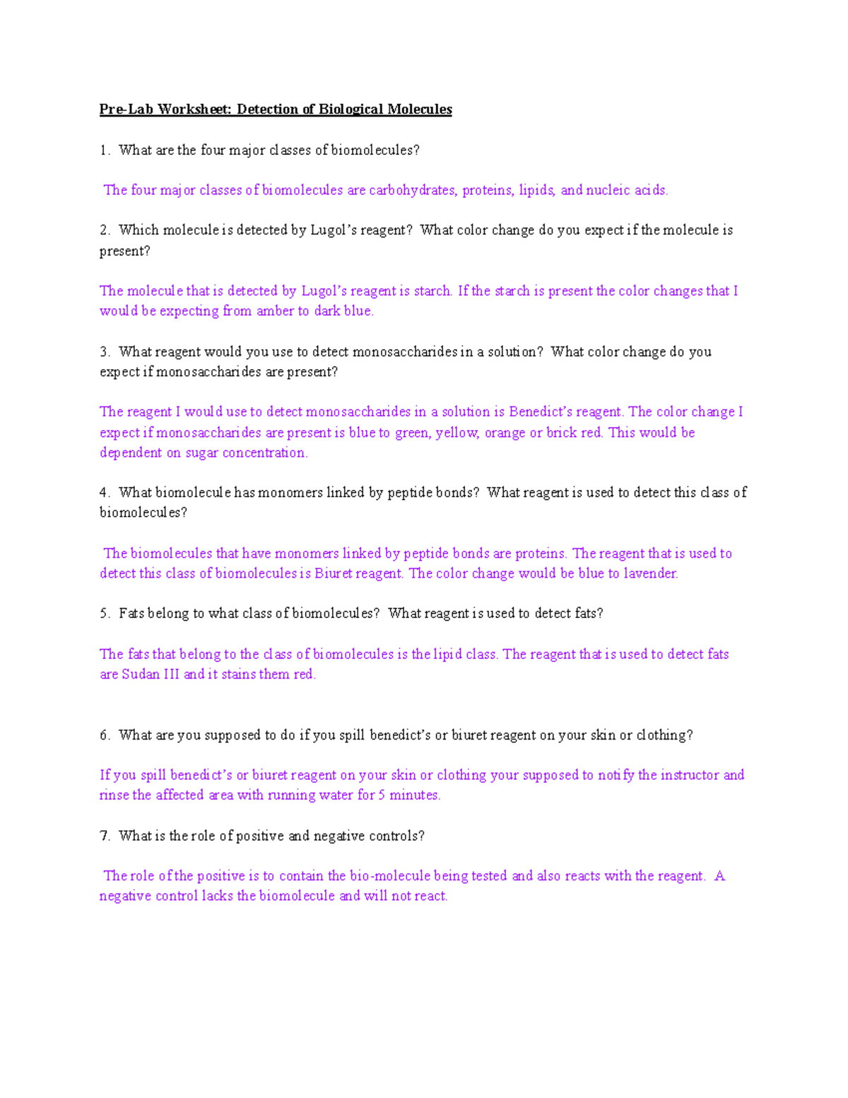 Pre-Lab Worksheet: Detection of Biological Molecules (Biomolecules ...