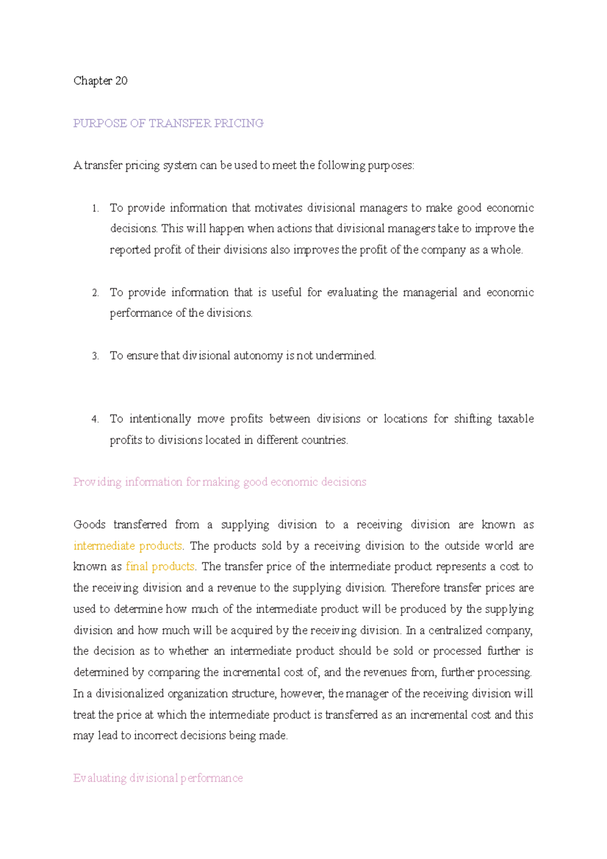 Chapter 20: Purpose and Methods of Transfer Pricing in Organizations ...