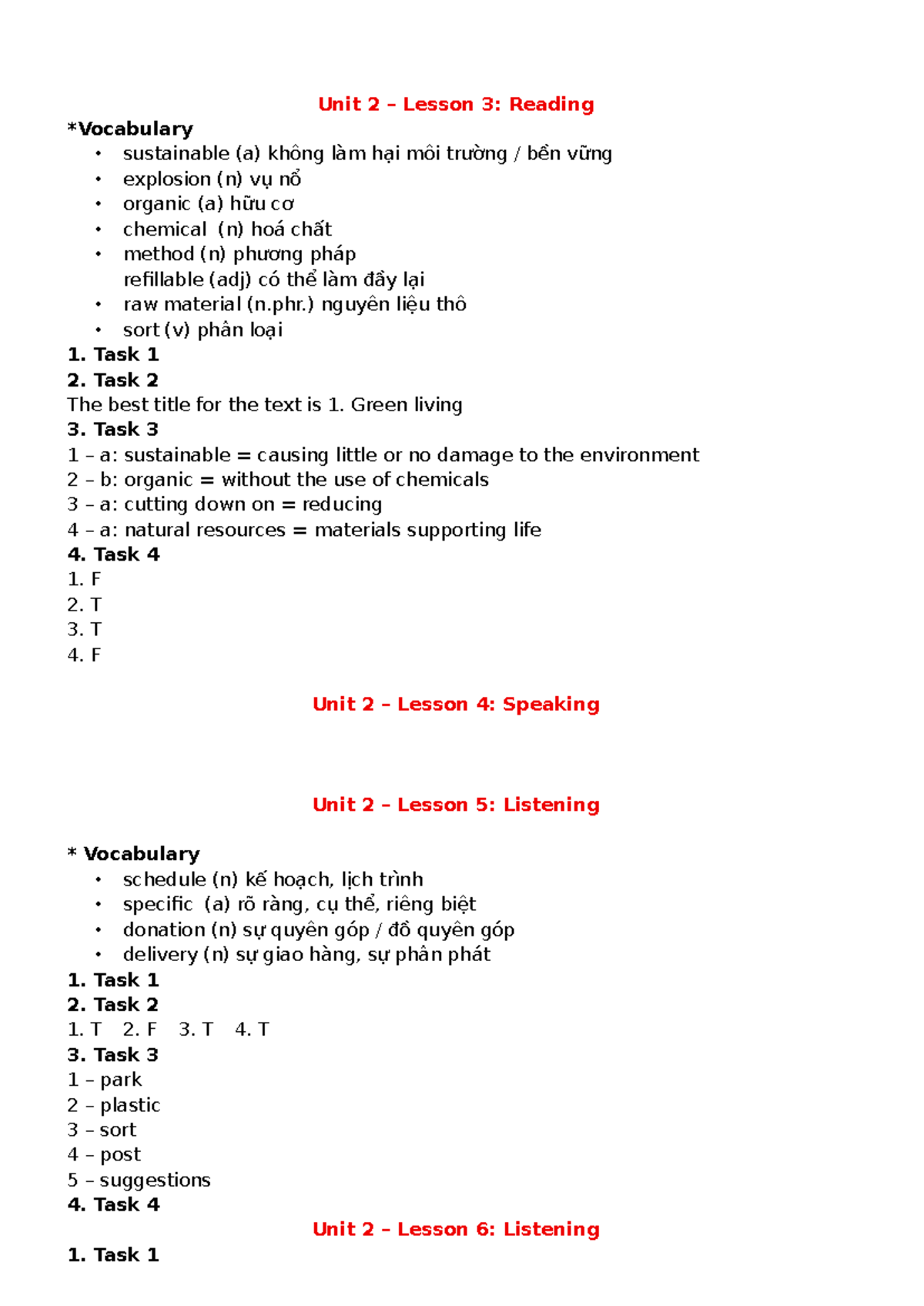 Unit 2 Lesson 3: Vocabulary on Sustainable Living and Environment - Studocu
