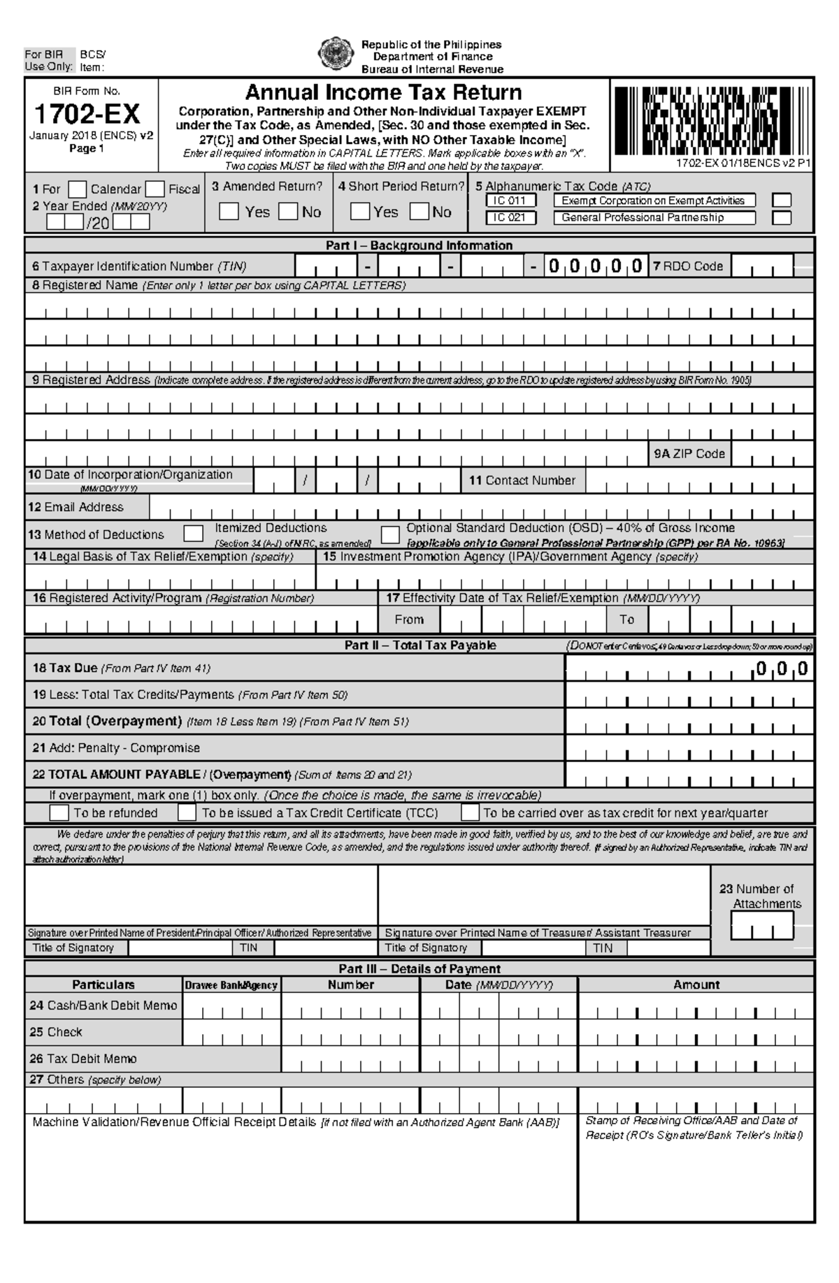 BIR Form No. 1702-EX Jan 2018 ENCS v2 - BIR Form No. 1702 -EX January ...