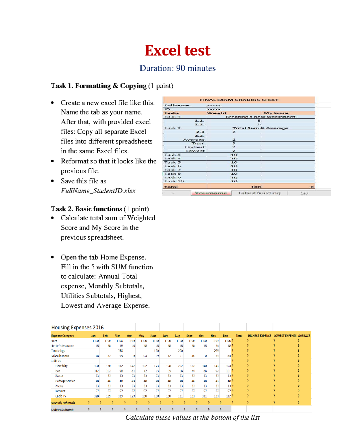 Test 3 MS Excel - Formatting, Functions, and Charts Guide - Studocu