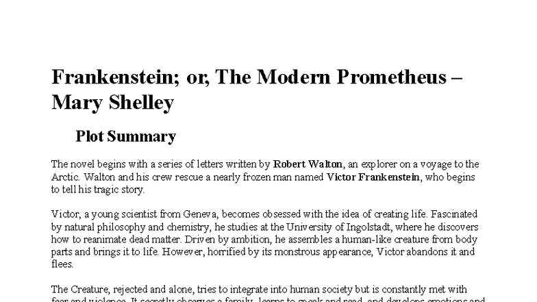 Frankenstein (ENG 101) - Mary Shelley Plot Summary & Analysis - Studocu