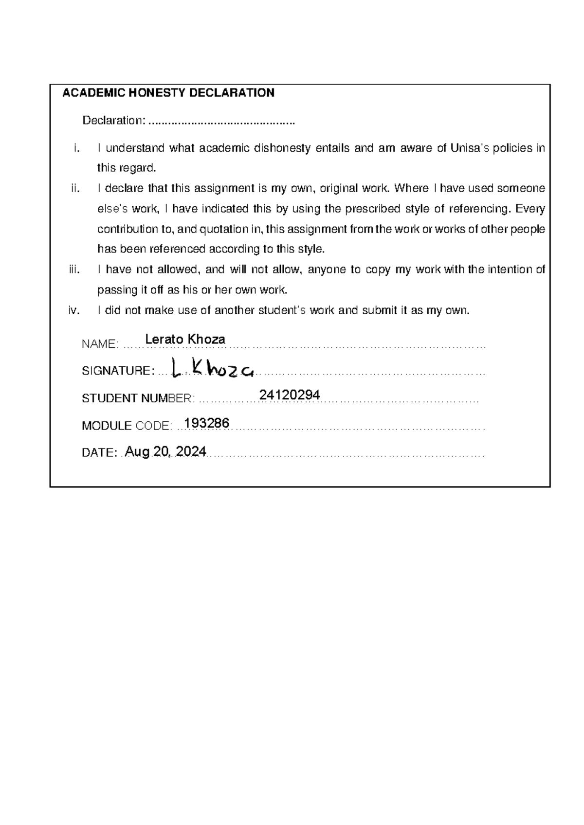 Academic Honesty Declaration for Assignment Submission (MOD CODE: 193286) - Studocu