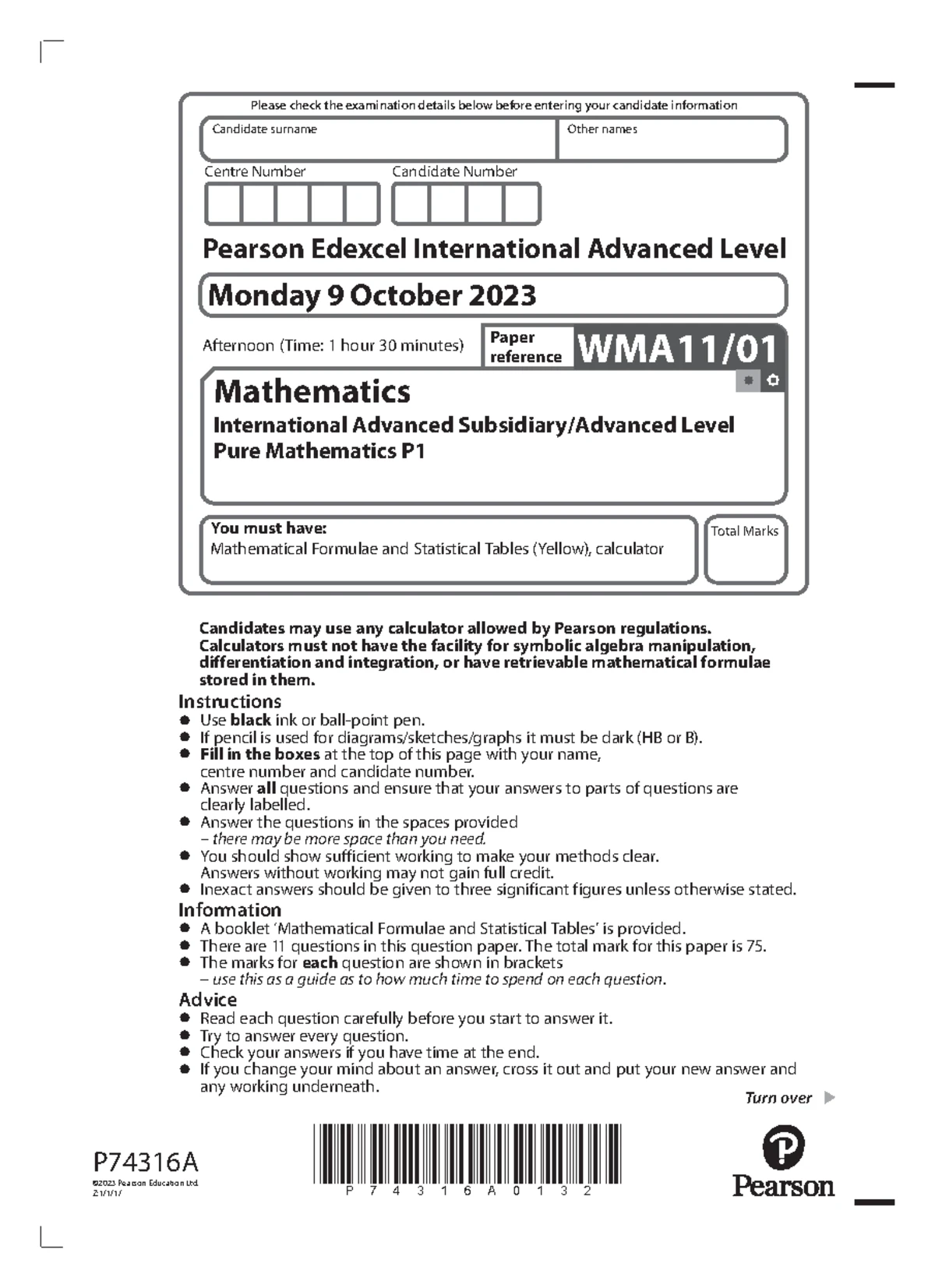 Edexcel A Level Maths P1 Pure Mathematics Paper - Oct 2023 - Studocu