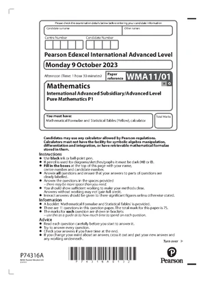 Edexcel A Level Maths P1 Pure Mathematics Paper - Oct 2023 - Studocu