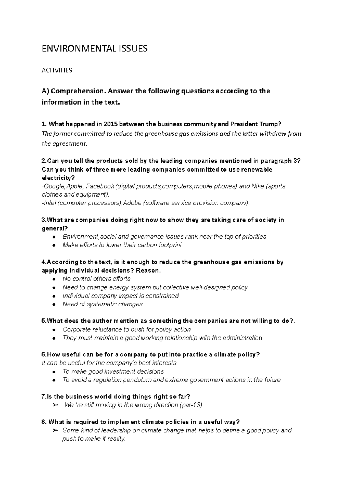 TEXT 1 - ENVIRONMENTAL ISSUES ACTIVITIES A) Comprehension. Answer the following questions ...