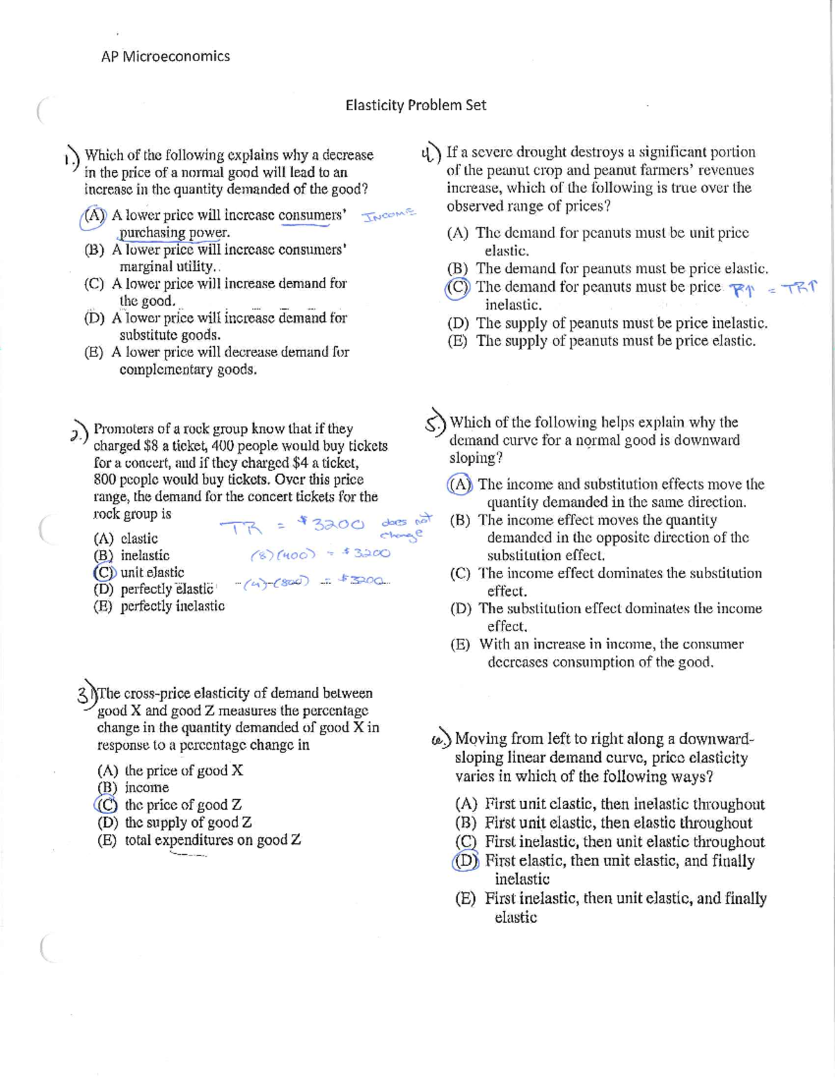 Elasticity Problem Set Answer Key - AP Microeconomics Elasticity ...