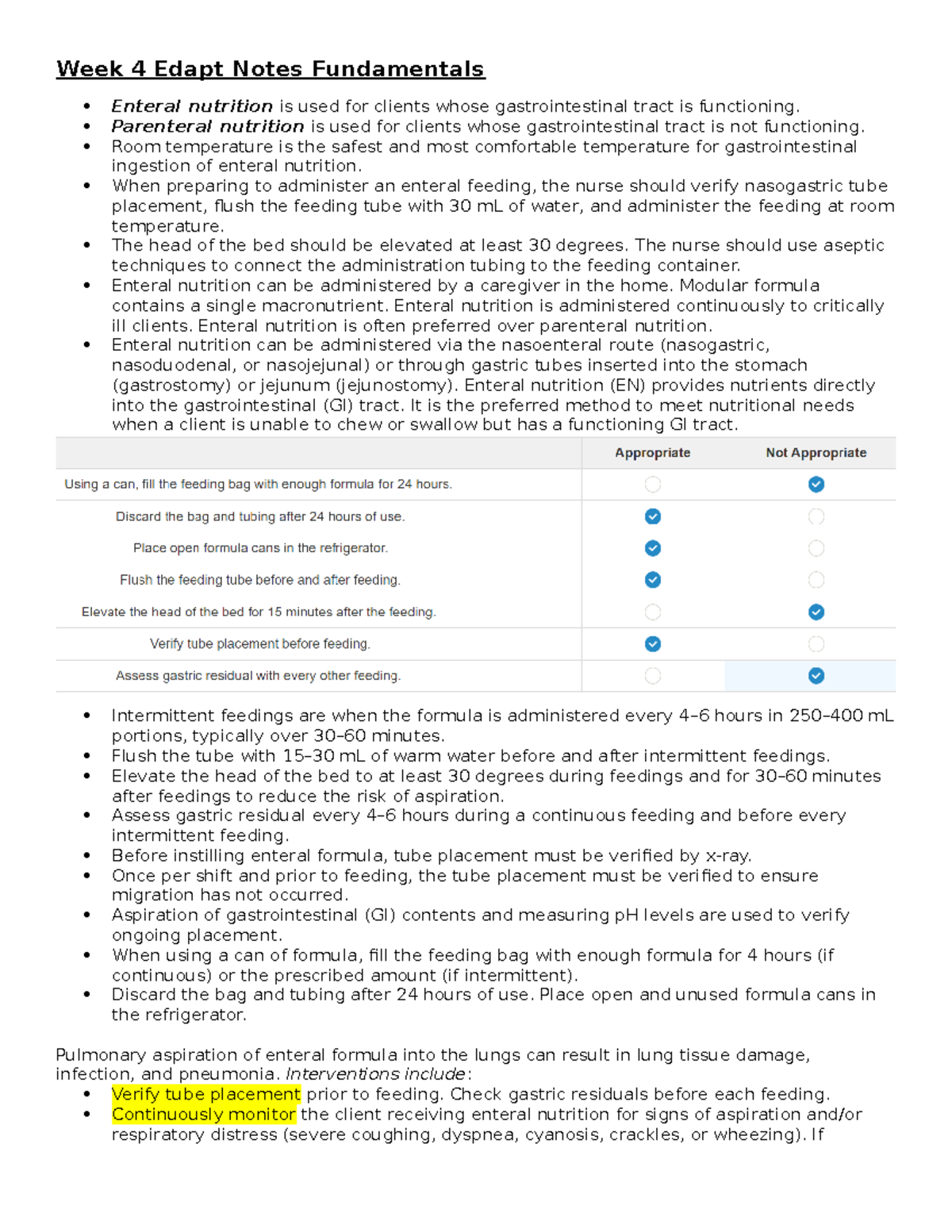 Week 4 Edapt Notes on Enteral and Parenteral Nutrition Fundamentals ...
