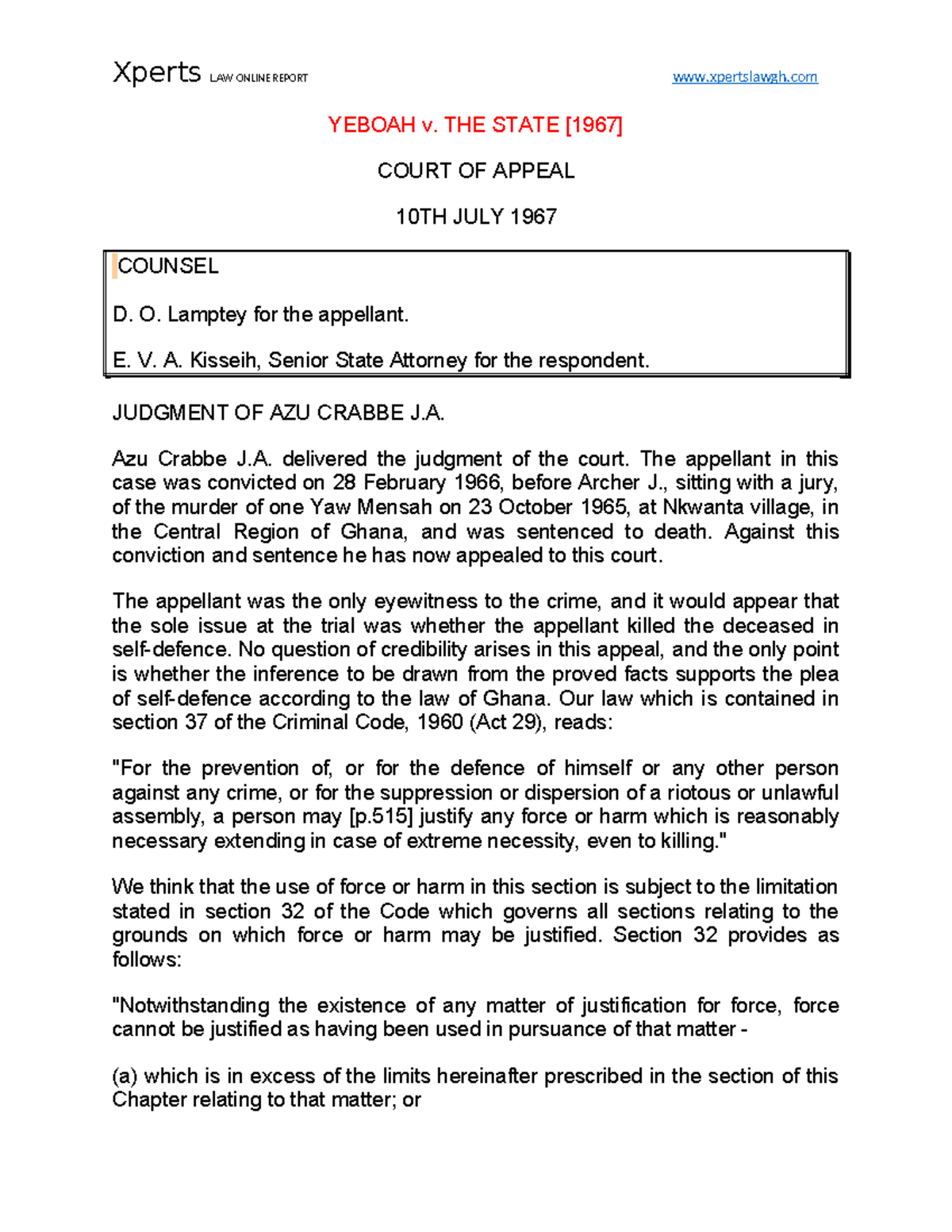 Yeboah v. The State [1967] - Court of Appeal Judgment Analysis - Studocu