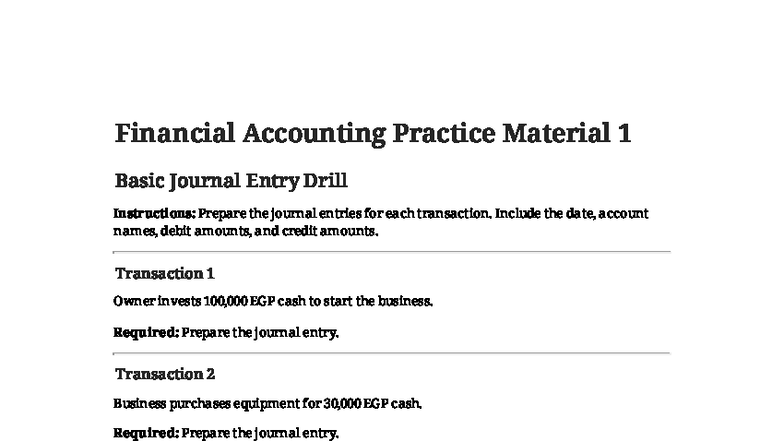 Financial Accounting Practice 1: Journal Entry Exercises - Studocu