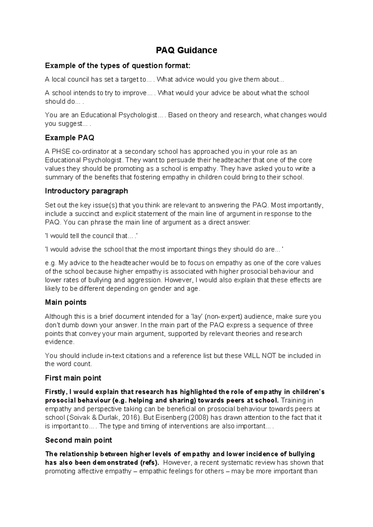 PAQ Guidance Materials - PAQ Guidance Example of the types of question ...