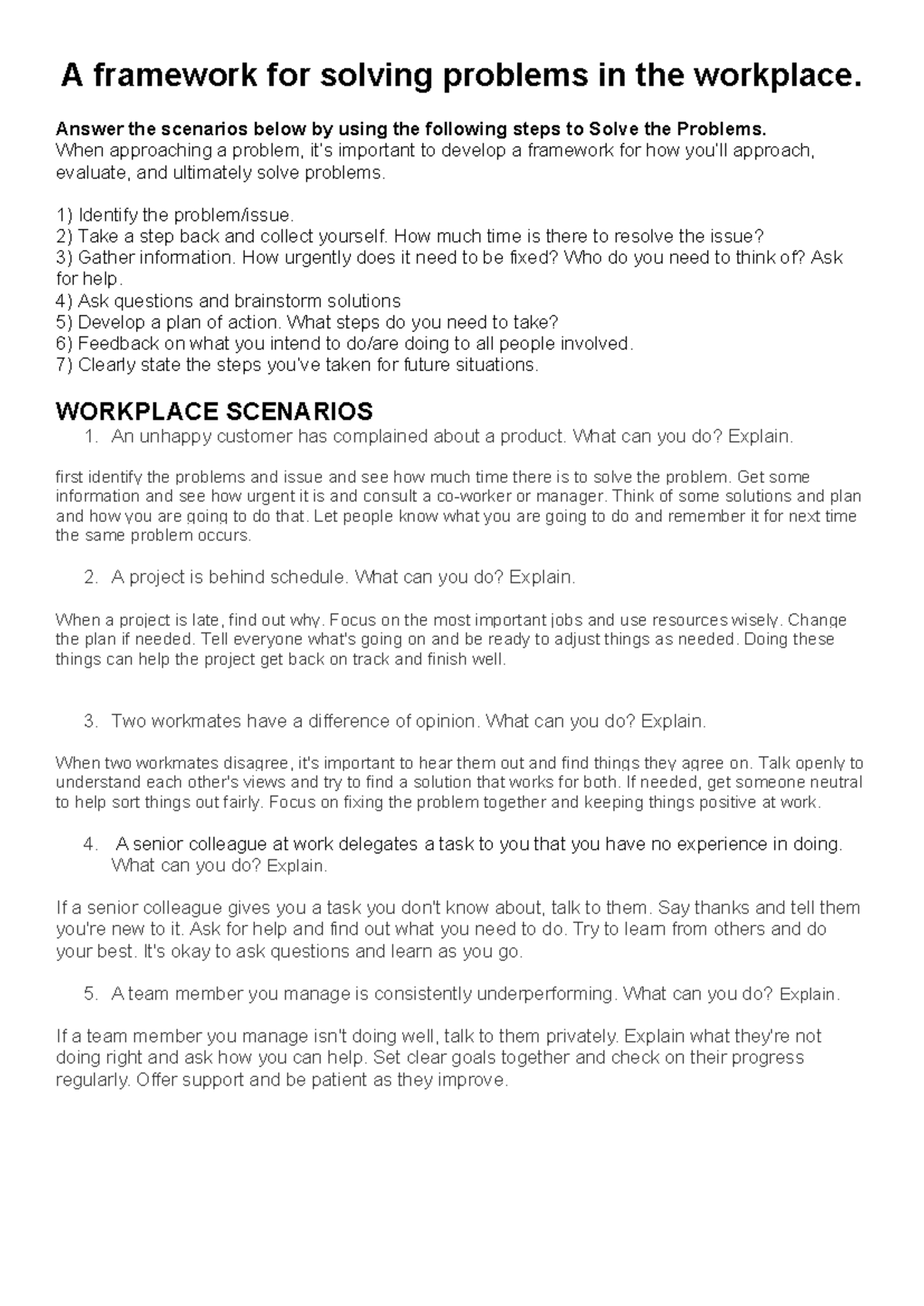 Problem Solving Scenarios: A Framework for Workplace Issues - Studocu