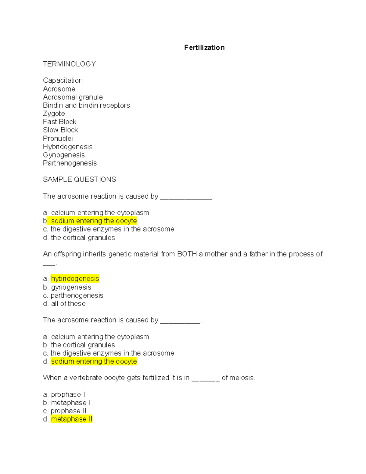 Fertilization - Exam 1 Questions & Answers (Biology 101) - Studocu