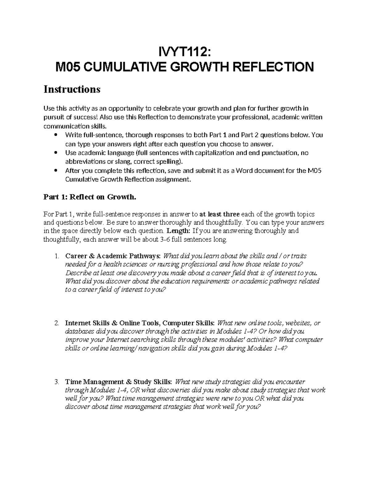 IVYT112 M05 Reflection on Cumulative Growth & Future Planning - Studocu