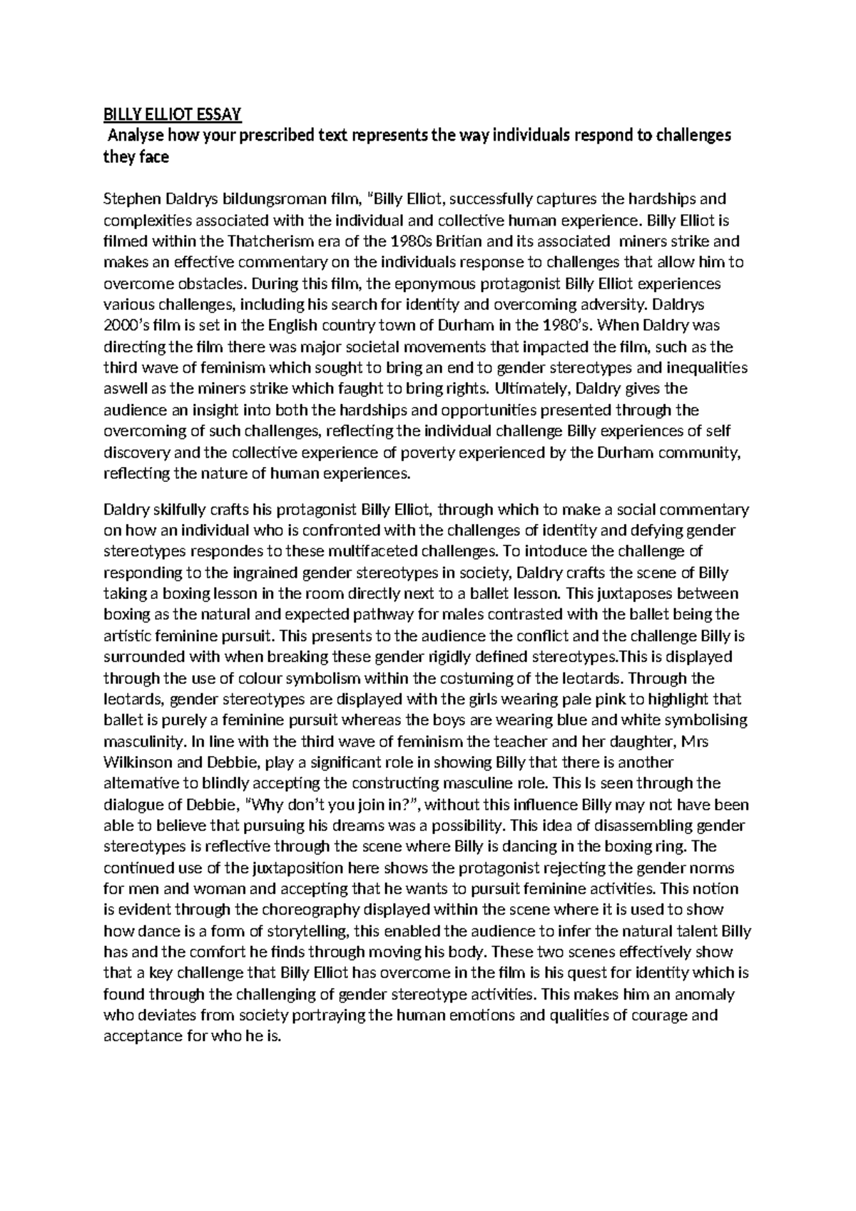 BILLY ELLIOT ESSAY: Analyzing Individual Responses to Challenges - Studocu