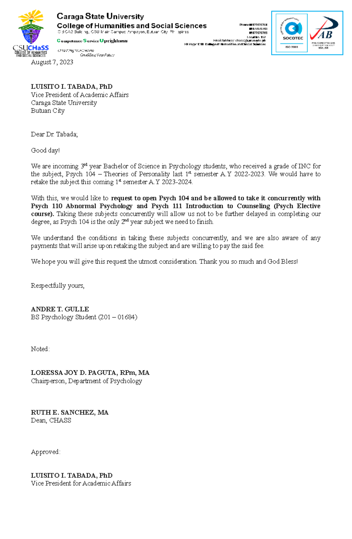 Request Letter for Concurrent Enrollment in Psych 104 and Electives ...