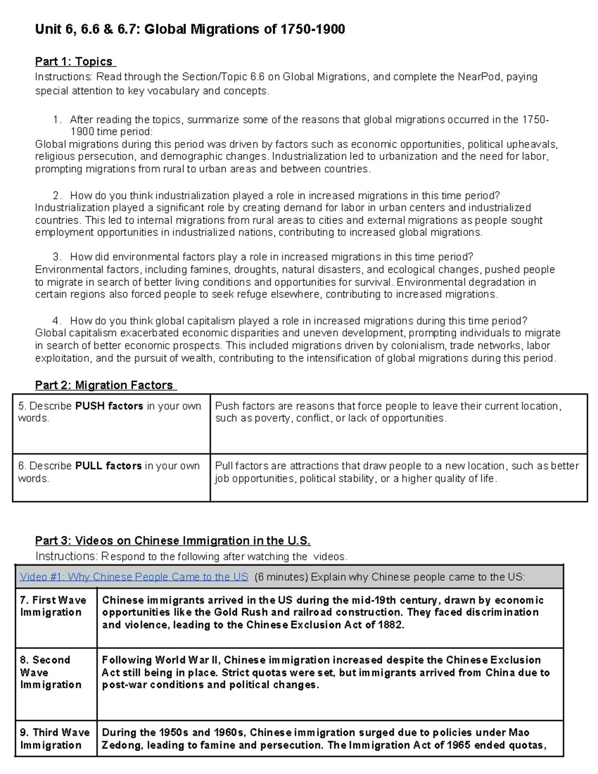 Unit 6 - Global Migrations Analysis (1750-1900) Activities - Studocu