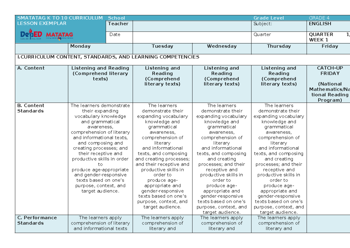 Grade 4 - Q1W1 - English Lesson Exemplar & Comprehension Skills - Studocu