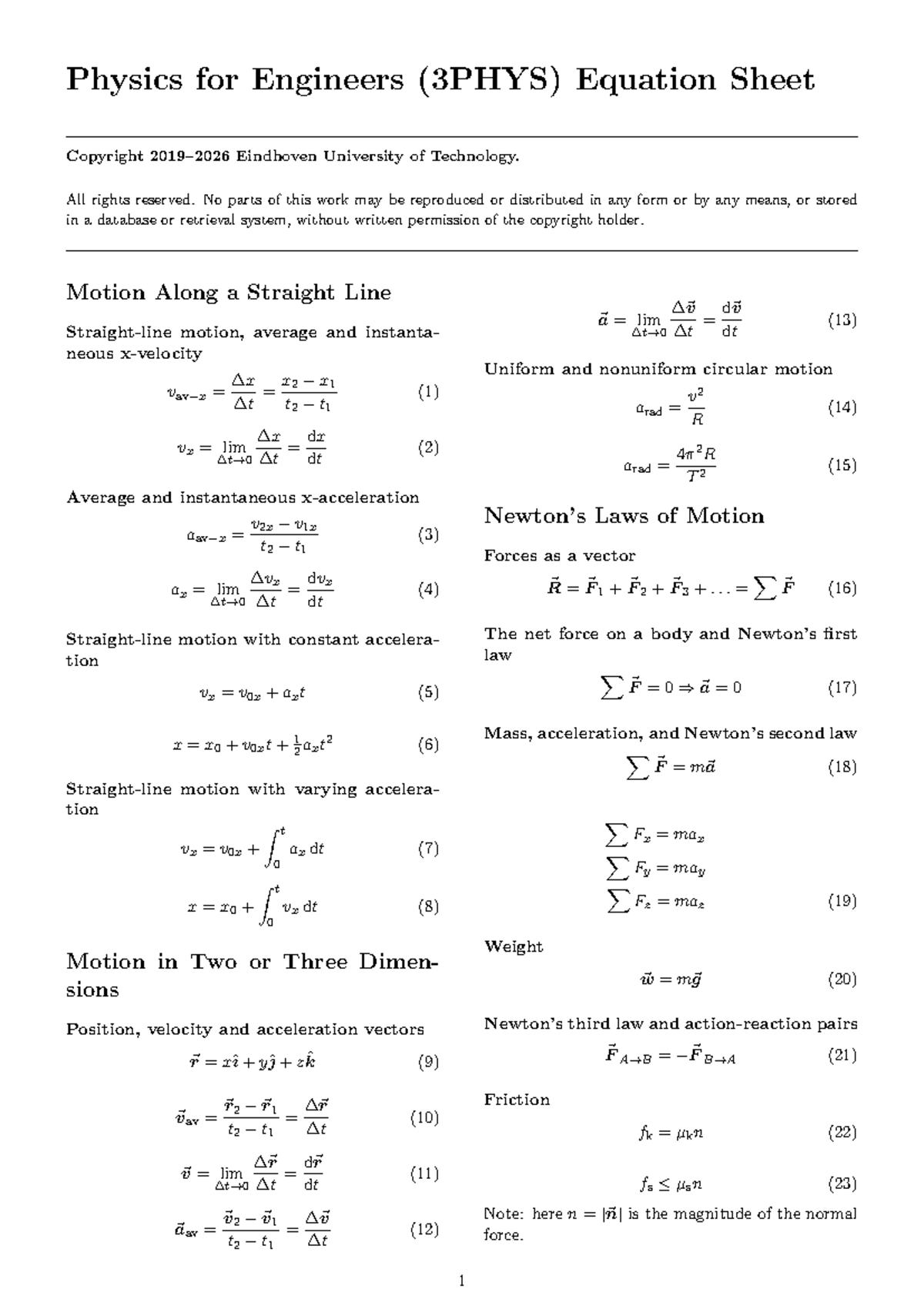 3PHYS Equation Sheet: Essential Formulas for Engineers - Studeersnel
