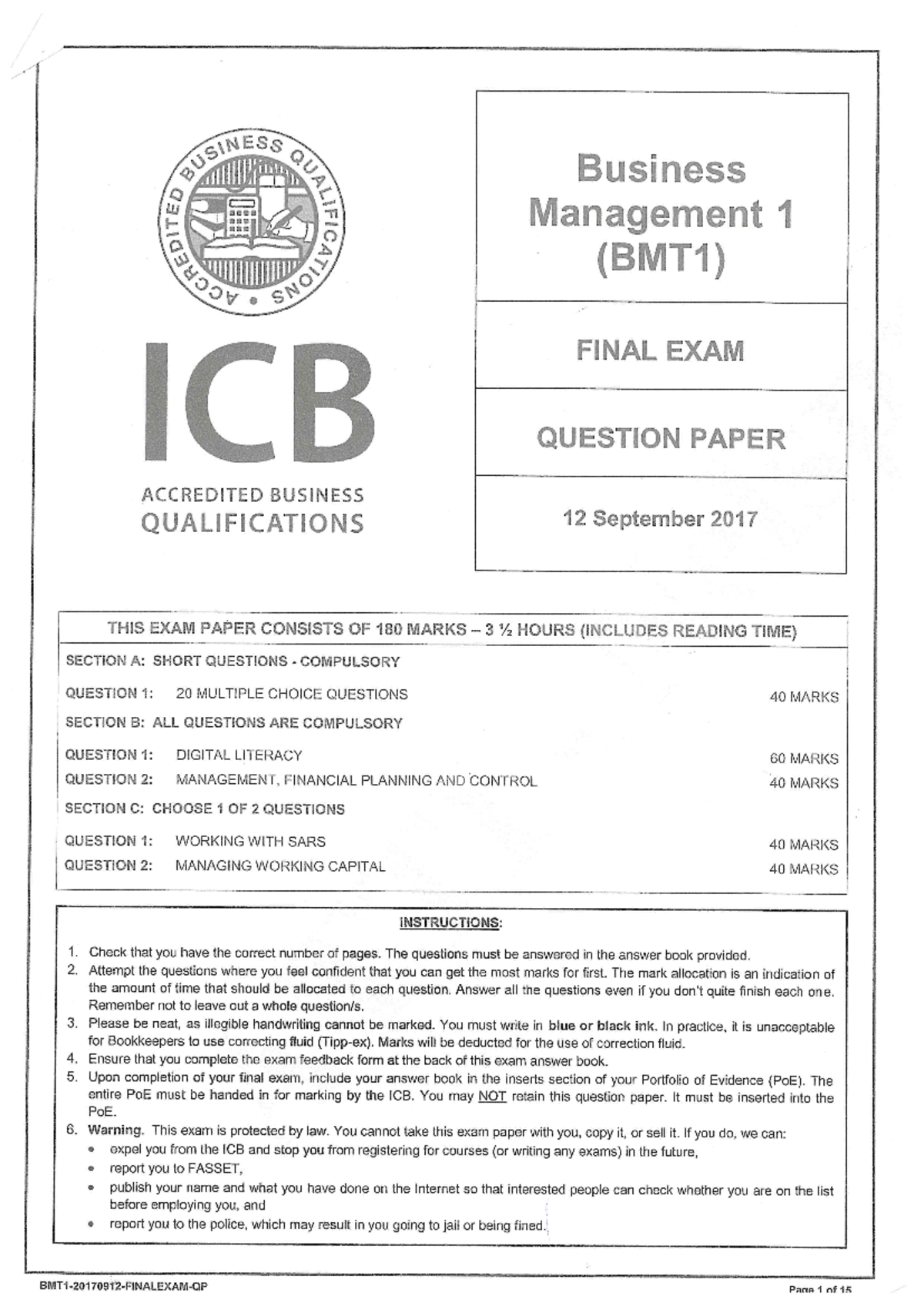BMT1 3 - ICB Past Exam Study Material for Success - Studocu