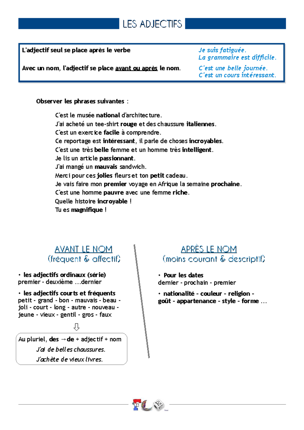 Exercices sur les Adjectifs - ADJECTIFS EXERCICES - Studocu