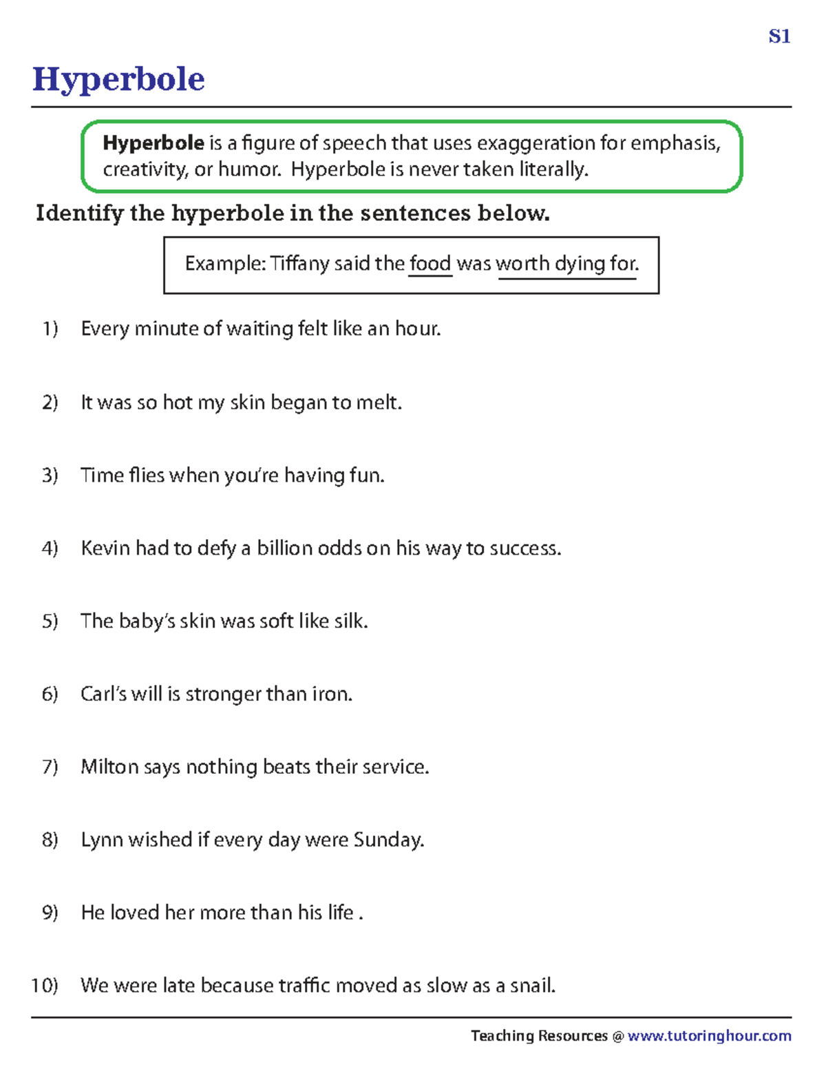 S1 Teaching Resources: Identifying Hyperbole in Sentences - Studocu
