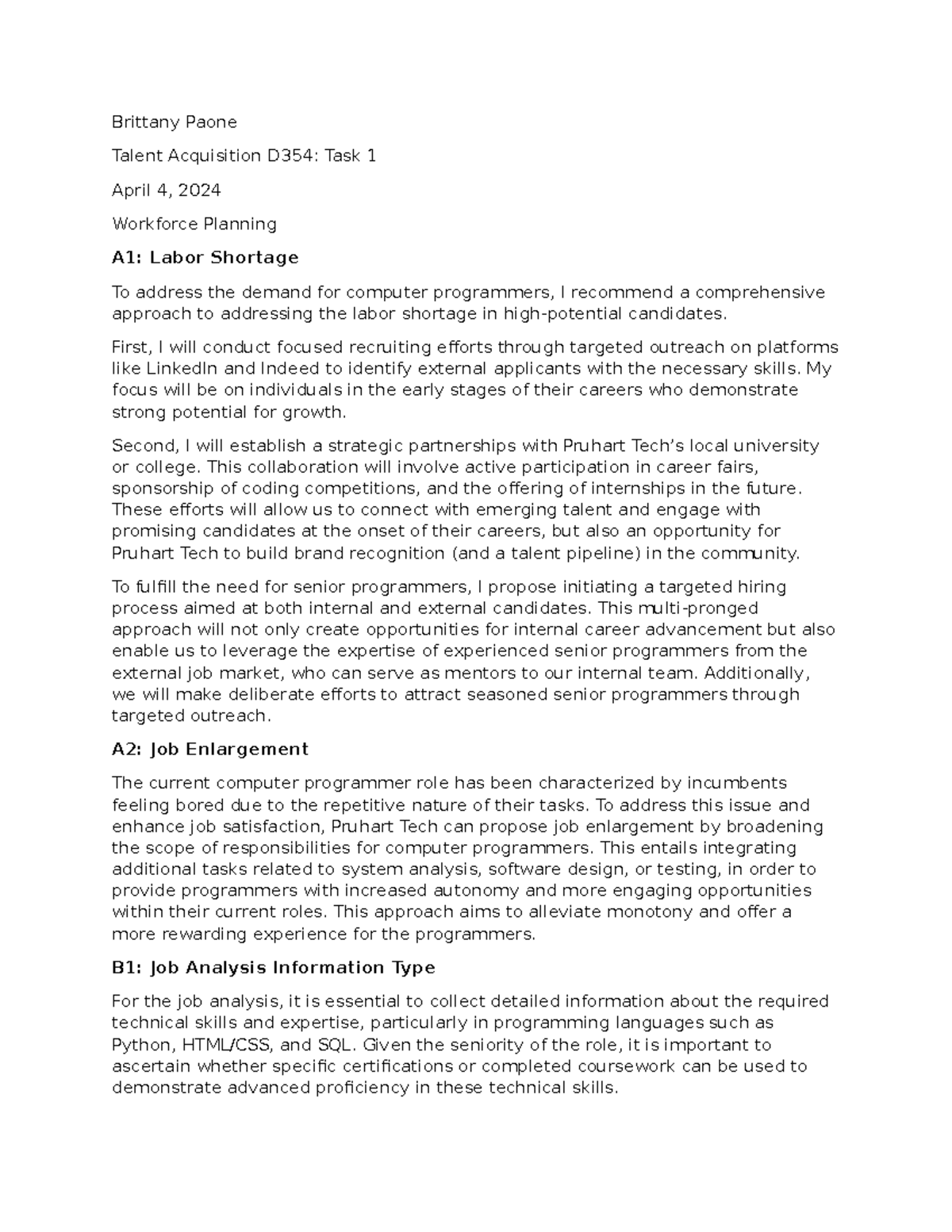 VFM1 D354: Workforce Planning Task 1 - Strategies for Talent ...