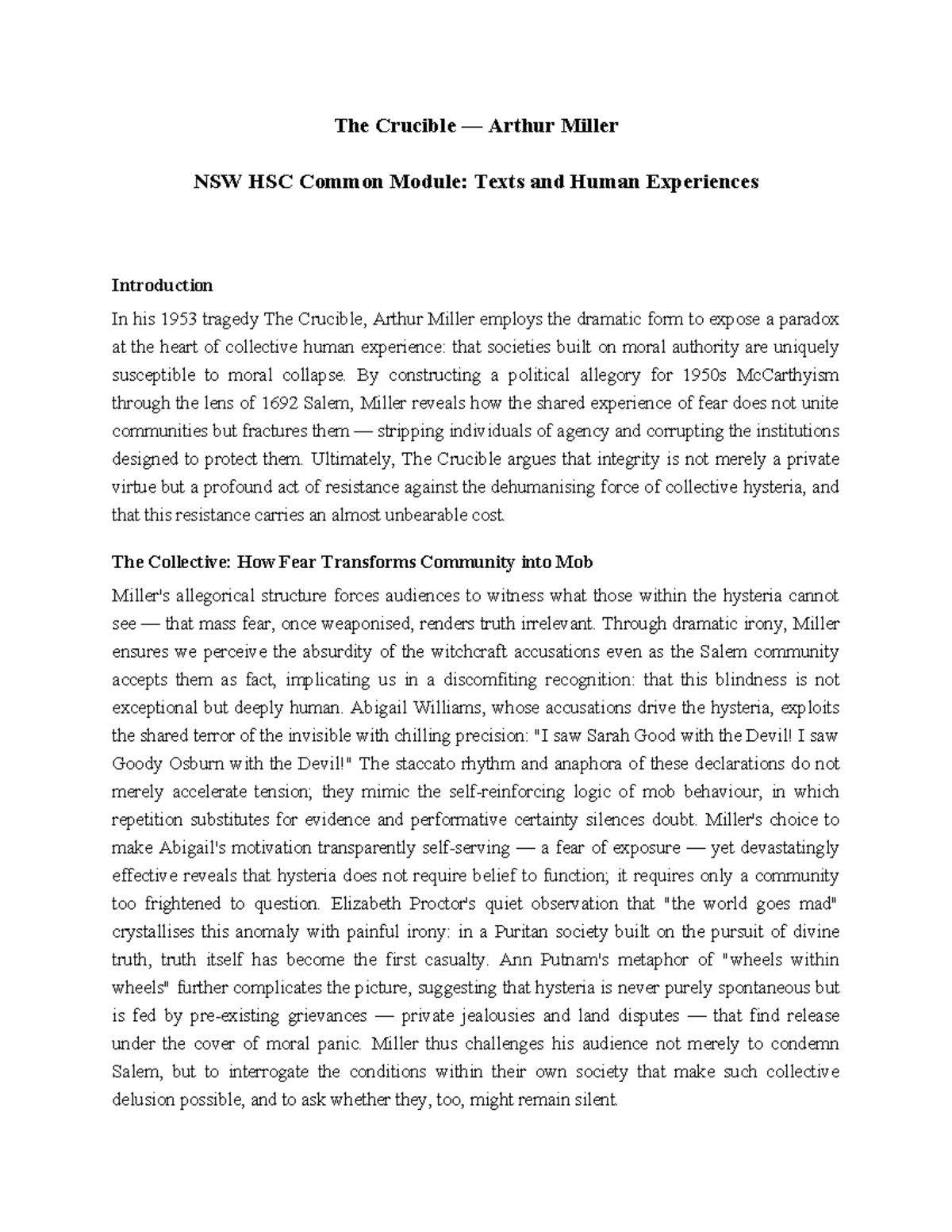 Crucible Essay Notes: NSW HSC Common Module - Texts & Human Experiences ...