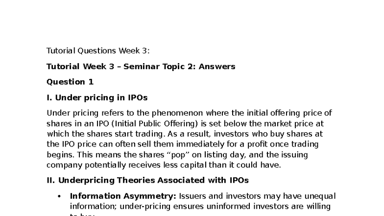 Tutorial Questions Week 3: IPO Underpricing and Bookbuilding Insights ...