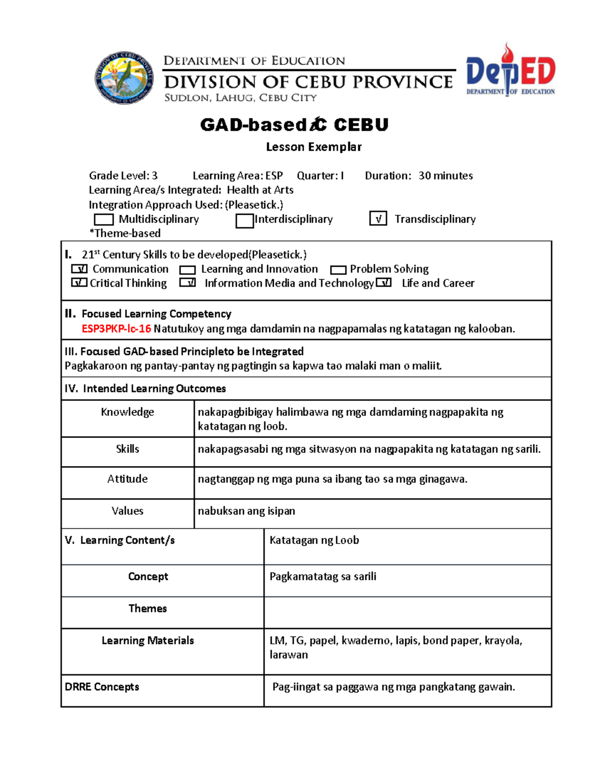 ESP3 Lesson Exemplar: Pagtukoy ng mga Damdamin ng Katatagan ng Loob ...