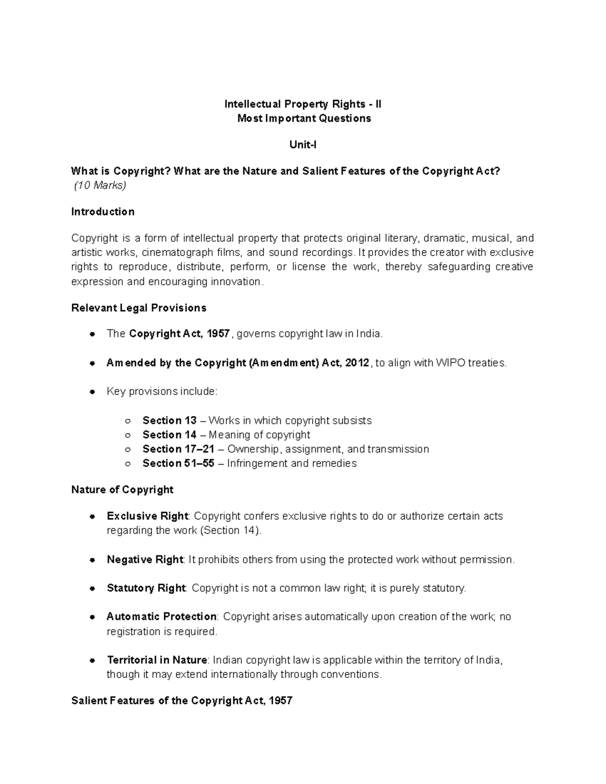 IPR II - LLB 3 Year: Key Concepts and Provisions of Copyright Law - Studocu