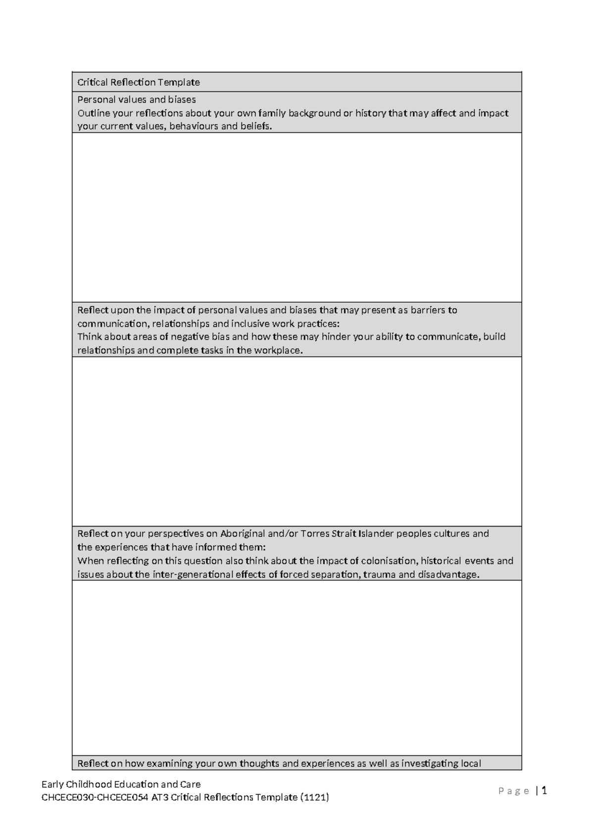 Modified Critical Reflection Template for Early Childhood Education ...