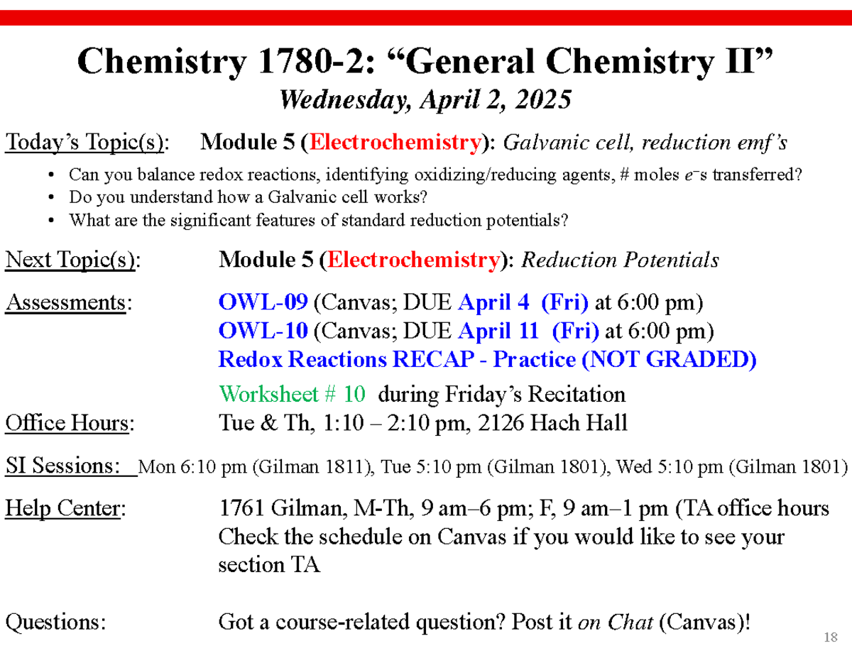 Electrochemistry: Galvanic Cells and Redox Reactions (Chem 1780-2 ...