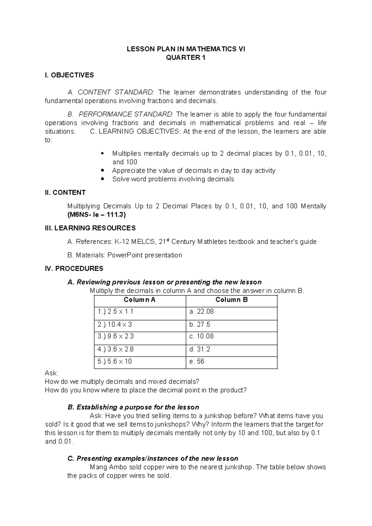 COT Lesson PLAN IN Mathematics VI - Q2 - LESSON PLAN IN MATHEMATICS VI ...