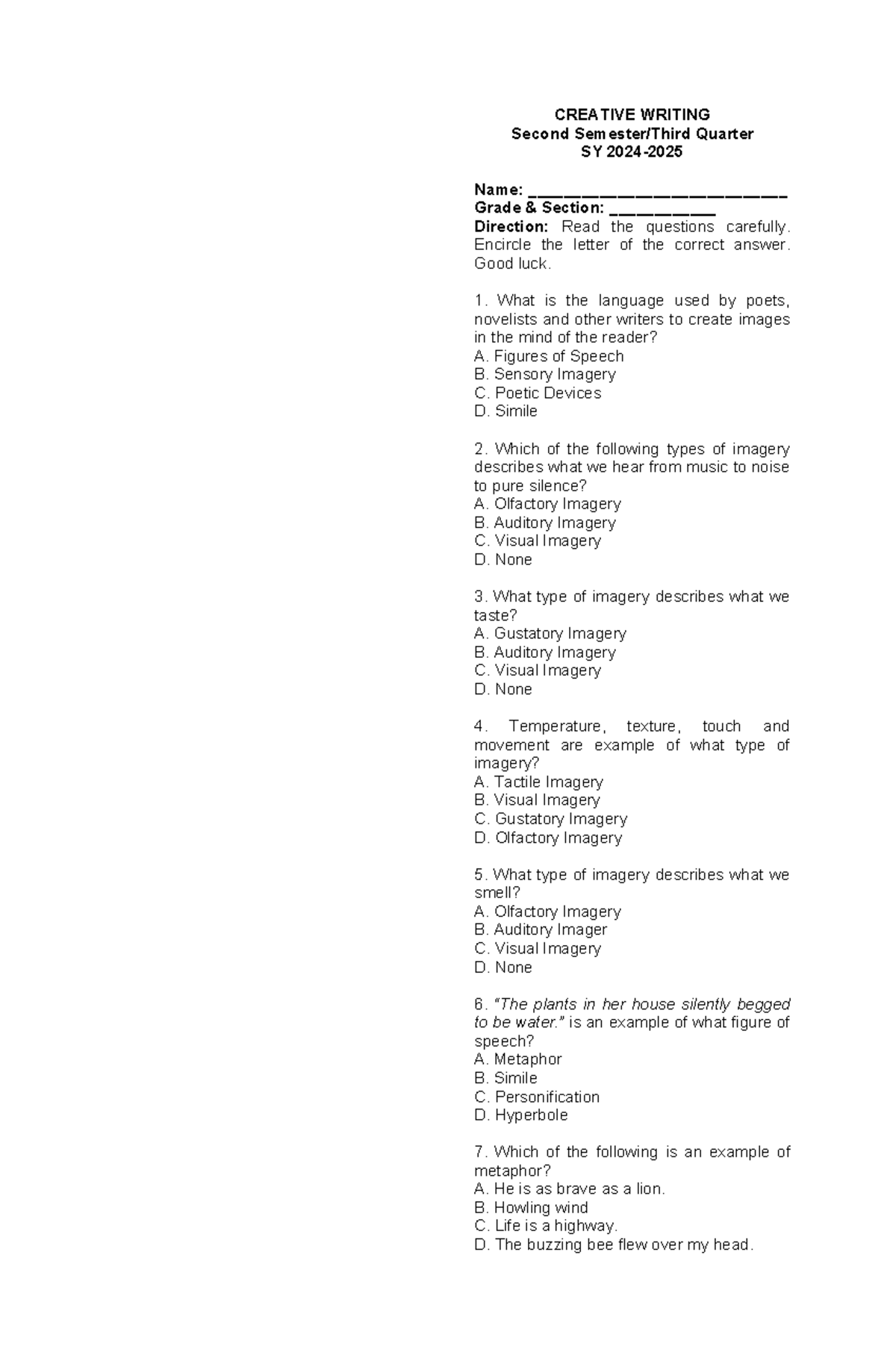 CREATIVE WRITING Q2 Exam Review: Imagery & Literary Devices - Studocu