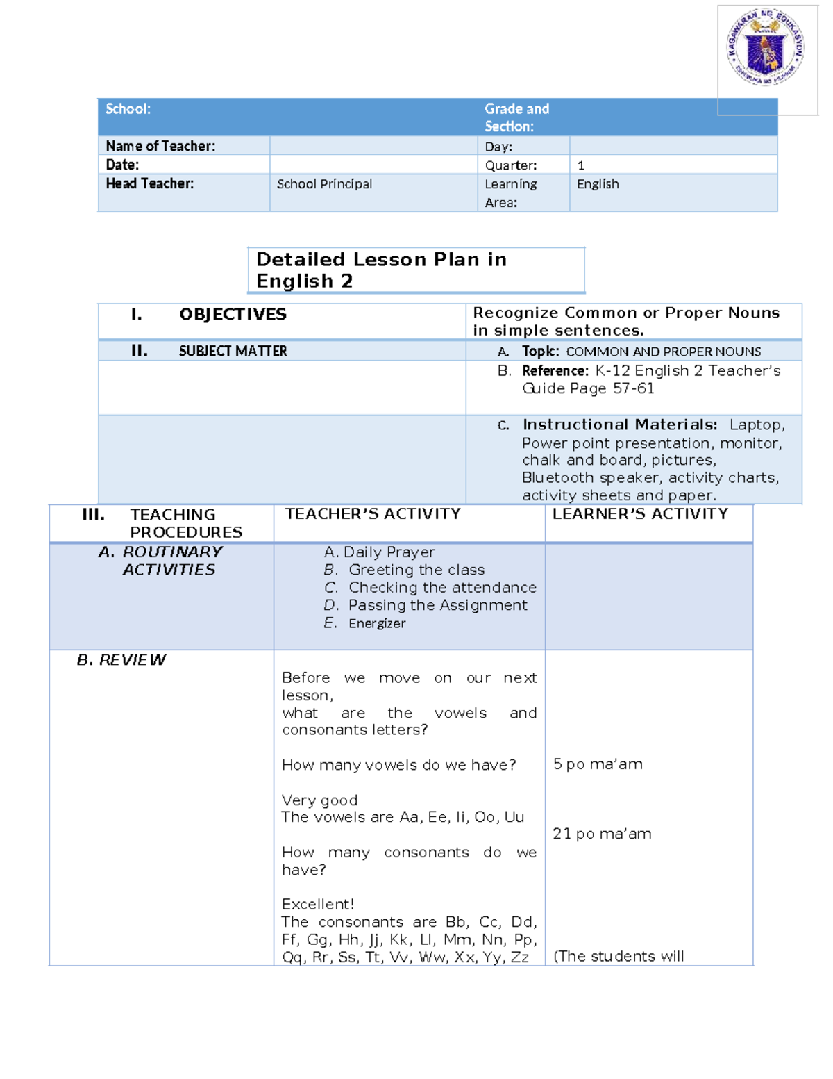 English 2 Q1 Detailed Lesson Plan: Common and Proper Nouns - Studocu