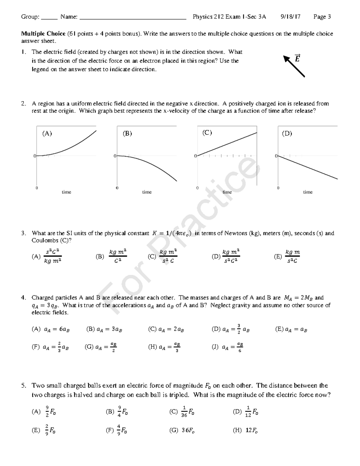 Exam 1 Sec 3A - Exam 1 Sec 3A - Multiple Choice (61 points + 4 points ...
