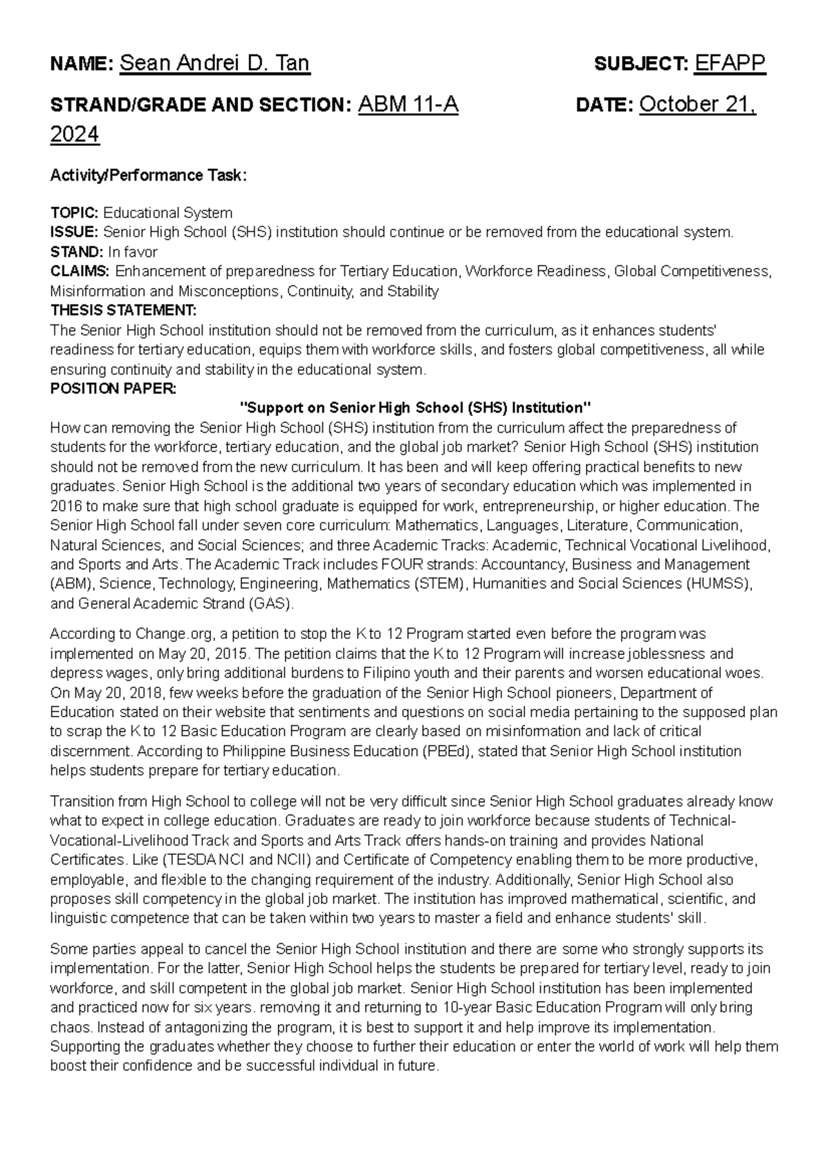 Efapp Ready to Prints - EAPP - NAME: Sean Andrei D. Tan SUBJECT: EFAPP ...